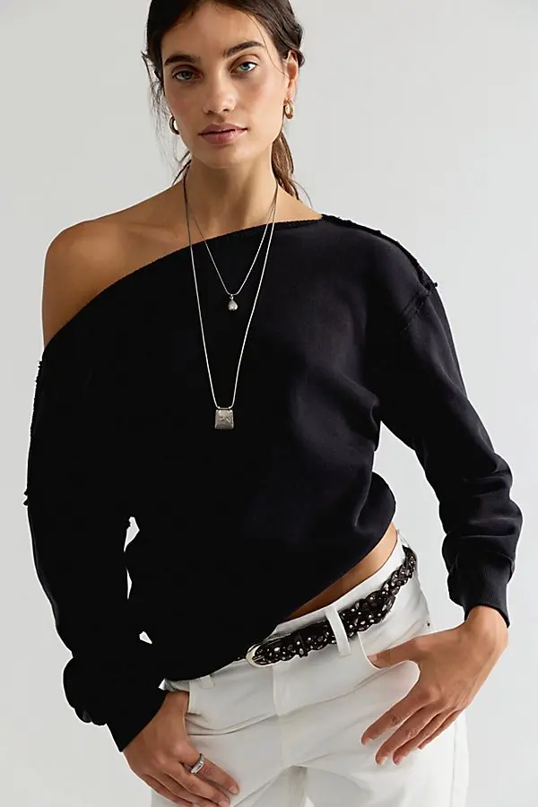 Free People Asymmetrical Boatneck Sweatshirt - Black