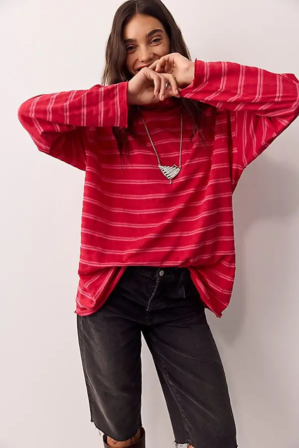 Free People Nevada Striped Long-sleeve Tee - Scarlet Combo