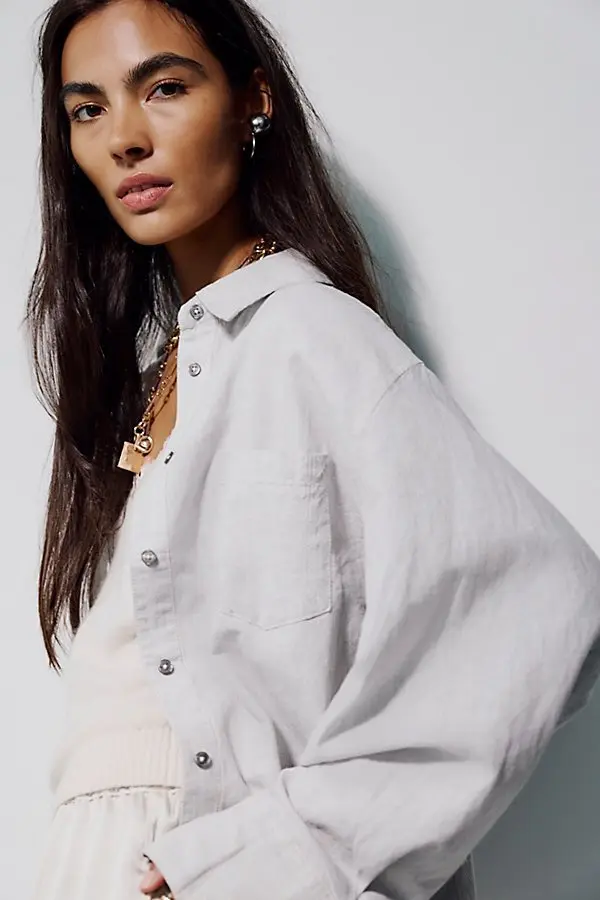 Free People Sabine Striped Linen Button Down Top