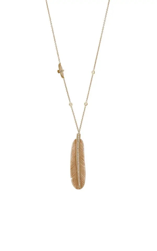Jacquie Aiche 14k Yellow Pave Bone Feather 3 Dia Baby Thunderbird Side Necklace - Gold
