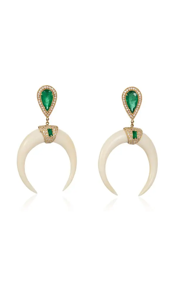 Jacquie Aiche 14k Yellow Gold Pave Diamond Emerald Teardrop And Double Bone Horn Baguette Cut Dia Center Earrings Pair - Green