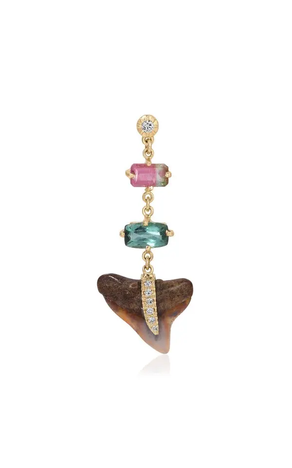 Jacquie Aiche 14k Yellow Gold Tourmaline + Shark Tooth Drop Stud - Multi