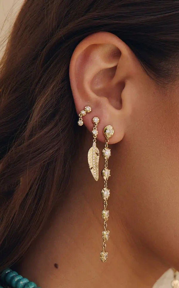 Jacquie Aiche 14k Yellow 2 Sophia Dia + Pave Mini Feather Drop Stud