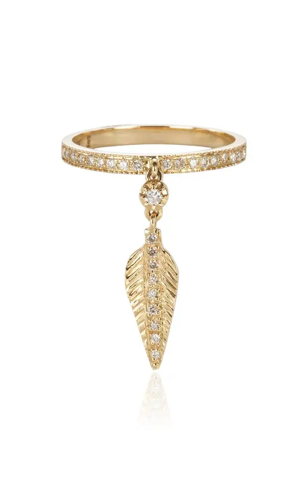 Jacquie Aiche 14k Yellow Sophia Diamond + Tiny Feather Dangle Pave Ring