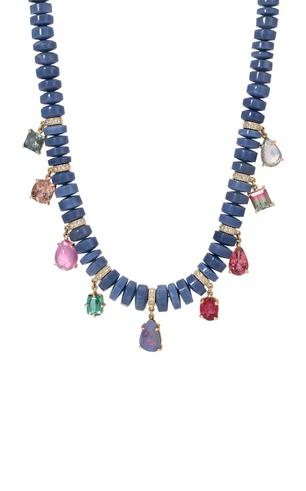 Jacquie Aiche 14k Yellow Graduated Blue Opal Cylinder Beaded Necklace With Multi Gemstone Shakers - Gold