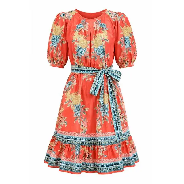 RAISHMA Petula Floral Print Mini Dress With Belt - Orange