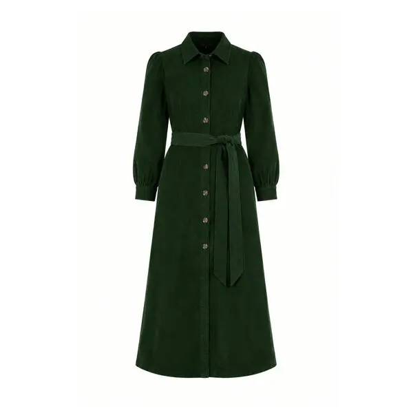RAISHMA Delphine Corduroy Belted Midi Shirt Dress