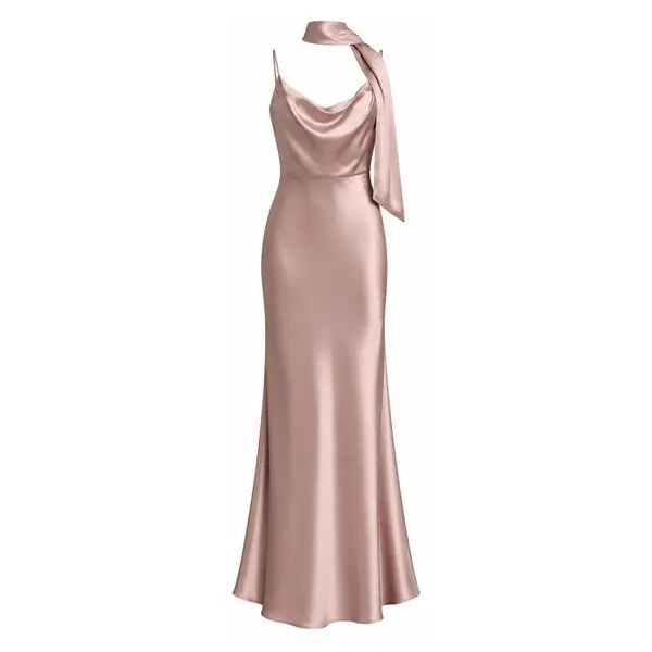 AISL Blush Satin Cowl Maxi Dress With Neck Scarf