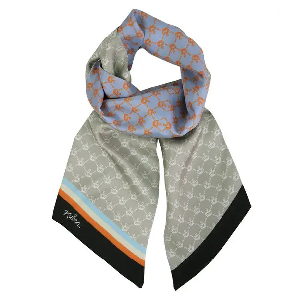 KUEEN Blue / Neutrals / Black Silk Scarf Crown Long Light Blue Grey