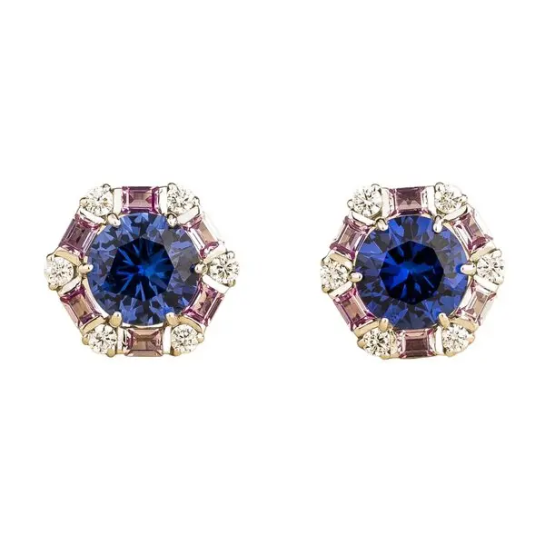 JUVETTI  Blue / Pink / Silver Melba Blue Sapphire, Pink Sapphire & Diamond Halo Hexagon Stud Earrings In White Gold - Blue/pink/silver