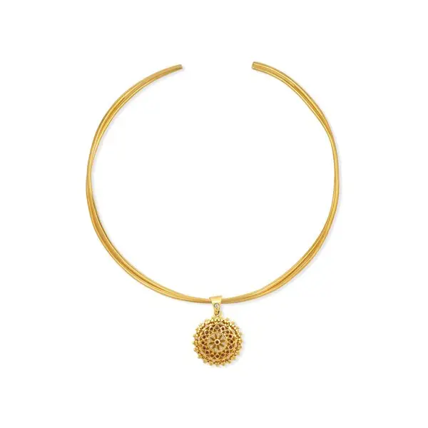 NAJIBA Yantra Sacred Geometry Choker Necklace With Garnet Accent - Yellow