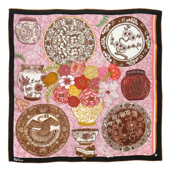 KUEEN Pink / Neutrals / Red Silk Scarf Porcelain Dreams -sweetly Small Pink - Pink/red