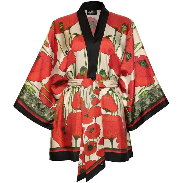KUEEN Green / Red / White Silk Kimono Jacket Poppies Light