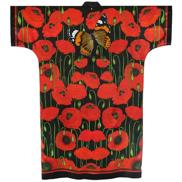 KUEEN Red / Black / White Silk Kimono Poppies Dark - Red/black/white