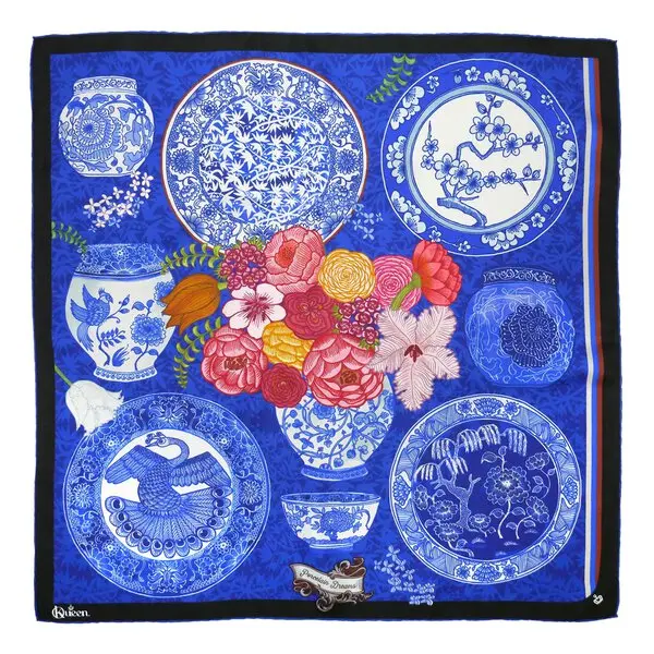 KUEEN Green / Blue / Red Silk Scarf Porcelain Dreams -sweetly Small Blue - Green/blue/red