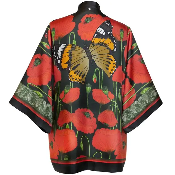 KUEEN Black / Red / Green Silk Kimono Jacket- Poppies Dark - Black/red/green