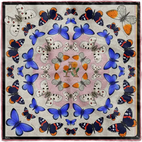 KUEEN Black / Blue Silk Scarf Butterfies - Black/blue