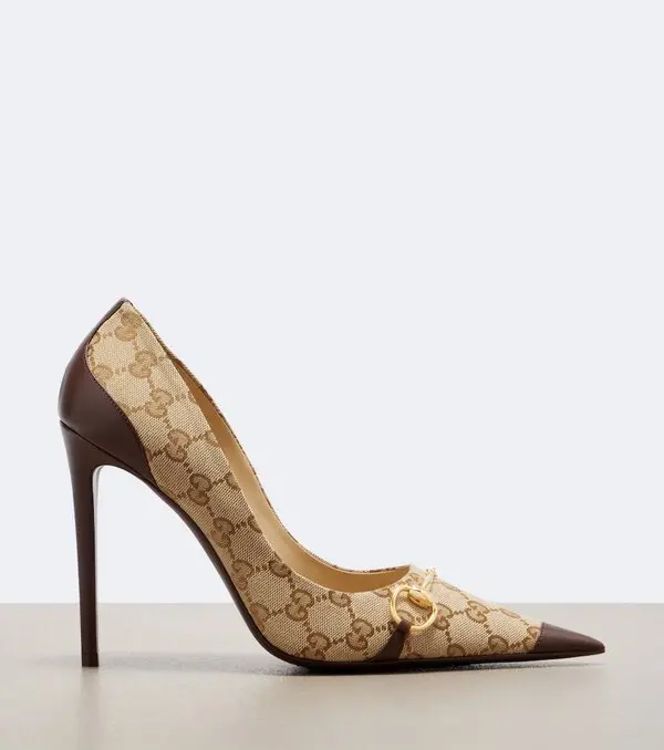 Gucci Horsebit Gg Canvas Pointed Toe Pumps