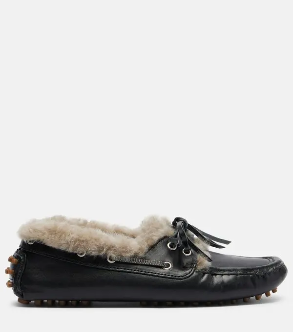 Brunello Cucinelli Monili Shearling Boat Shoes
