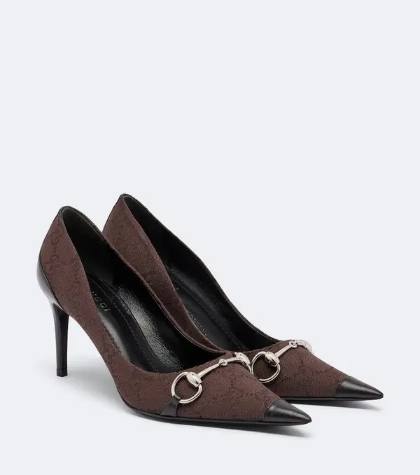 Gucci Donna Gg Canvas Leather-trimmed Pumps - Brown