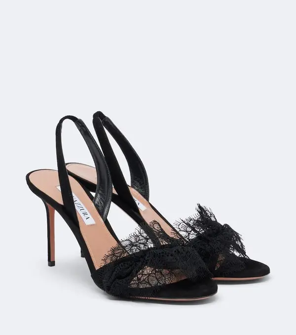AQUAZZURA Lover Lace-trimmed Suede Slingback Sandals - Black