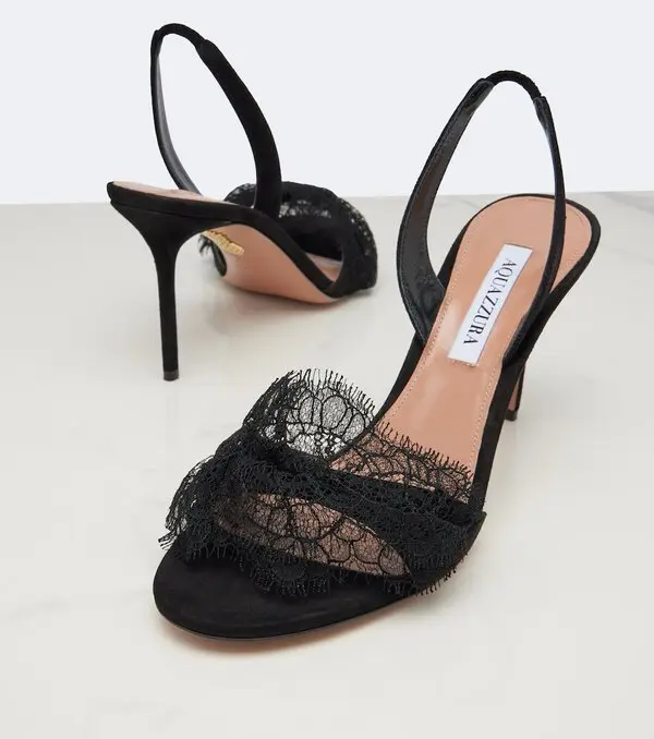 AQUAZZURA Lover Lace-trimmed Suede Slingback Sandals