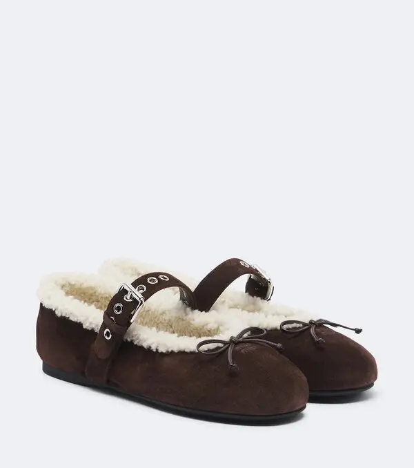 Miu Miu Shearling-lined Suede Ballet Flats - Brown