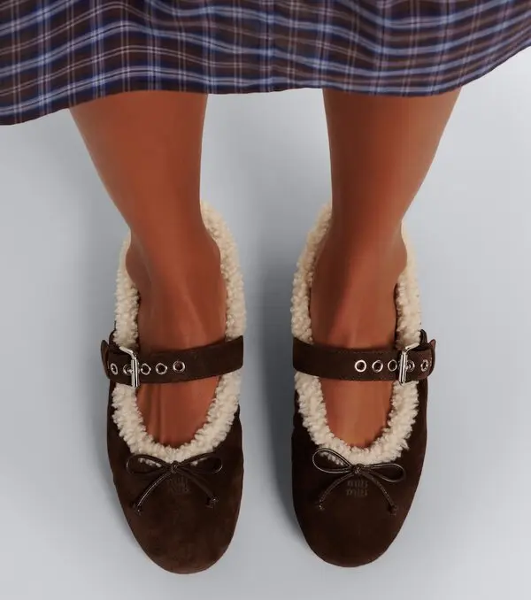 Miu Miu Shearling-lined Suede Ballet Flats