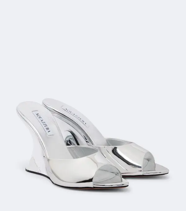 AQUAZZURA Bisous Mirrored Leather Wedge Mules - Silver