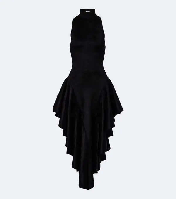 Alaïa Asymmetric Ruffled Velvet Midi Dress - Black