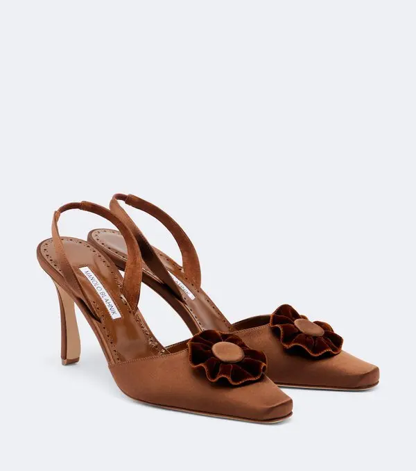 Manolo Blahnik Caulosli Satin Slingback Pumps - Brown