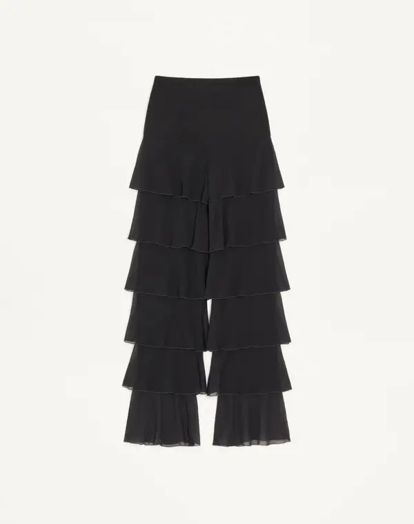 Valentino Garavani Light Georgette Trousers With Crinkled Effect And Scalloped Hem - Black