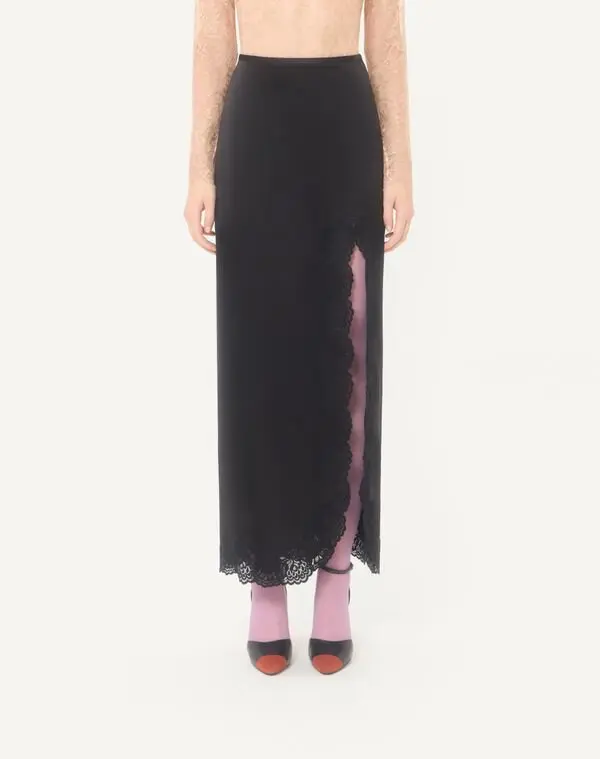 Valentino Garavani Long Skirt In Crepe Satin With Lace Trim