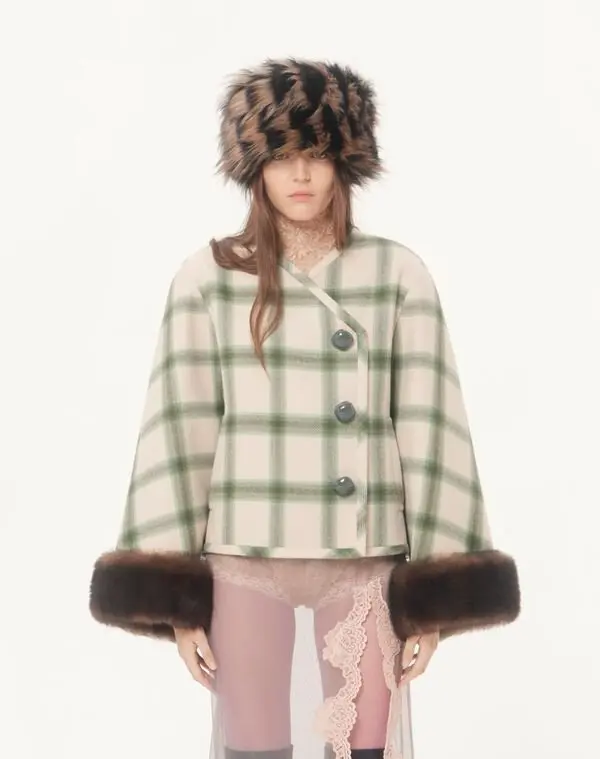 Valentino Garavani Macro Window Shearling Trimmed Caban - Vanilla/green/brown