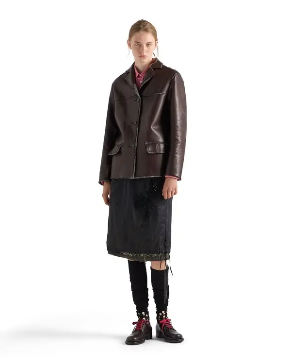 Prada Bonded Nappa Leather And Chevron Shetland Wool Jacket - Brown