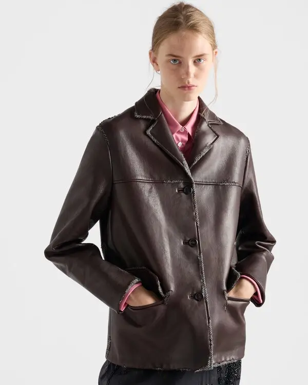Prada Bonded Nappa Leather And Chevron Shetland Wool Jacket - Sienna