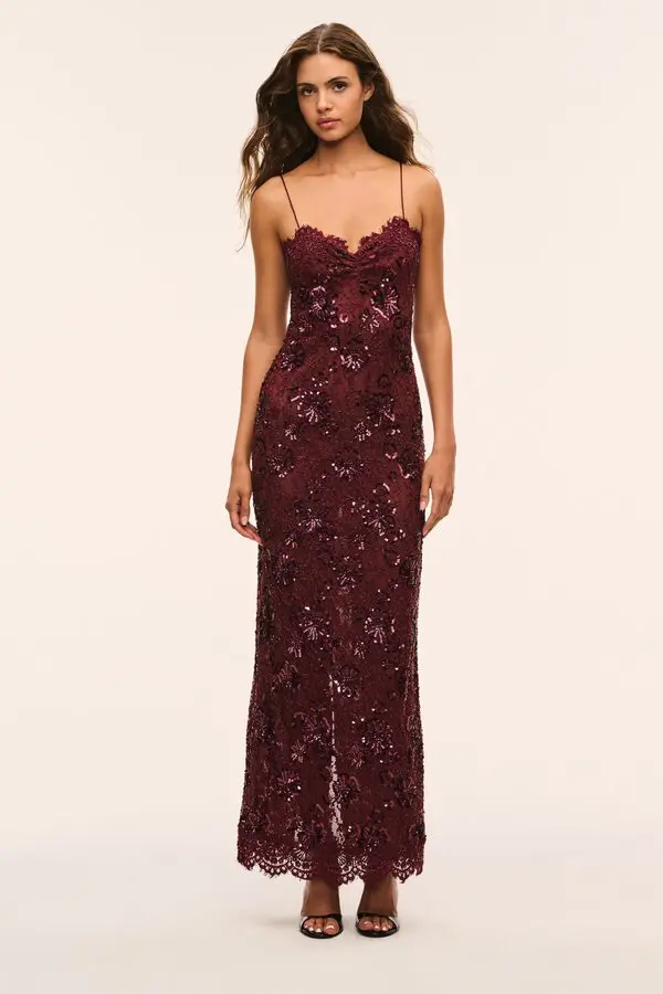 LoveShackFancy Ciona Embellished Lace Maxi Dress - Bordeaux