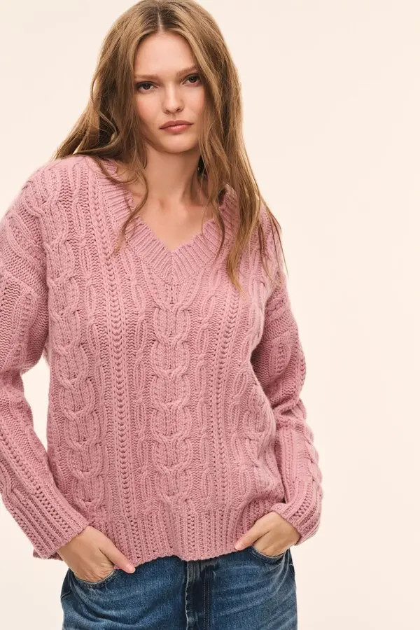 LoveShackFancy Croisette Wool Cable Knit Pullover - Flushed Rose