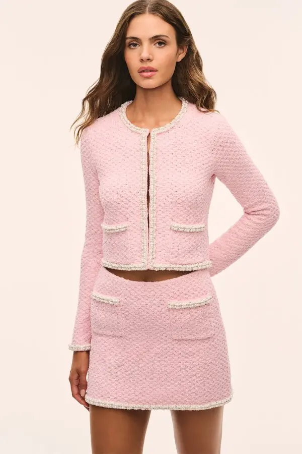 LoveShackFancy Rosamonde Knit Tweed Cardigan - Pink Plume