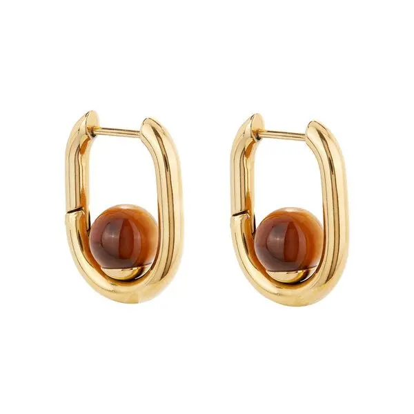 BALLINGER Gold / Brown Tiger's Eye Gold Brown Square Hoops Earrings