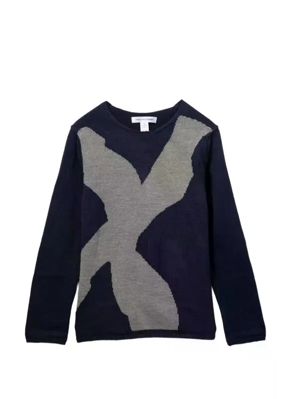Comme Des Garçons Navy Pattern Knitted Crew Neck Sweater