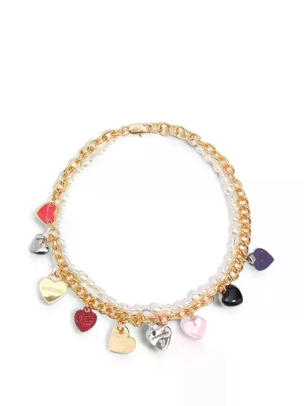 Bimba Y Lola Double-chain Necklace With Pearl Hearts And Logo