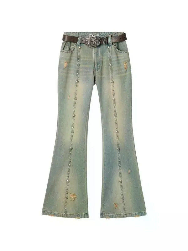 MARKGONG Stud-embellished Distressed Flared Jeans