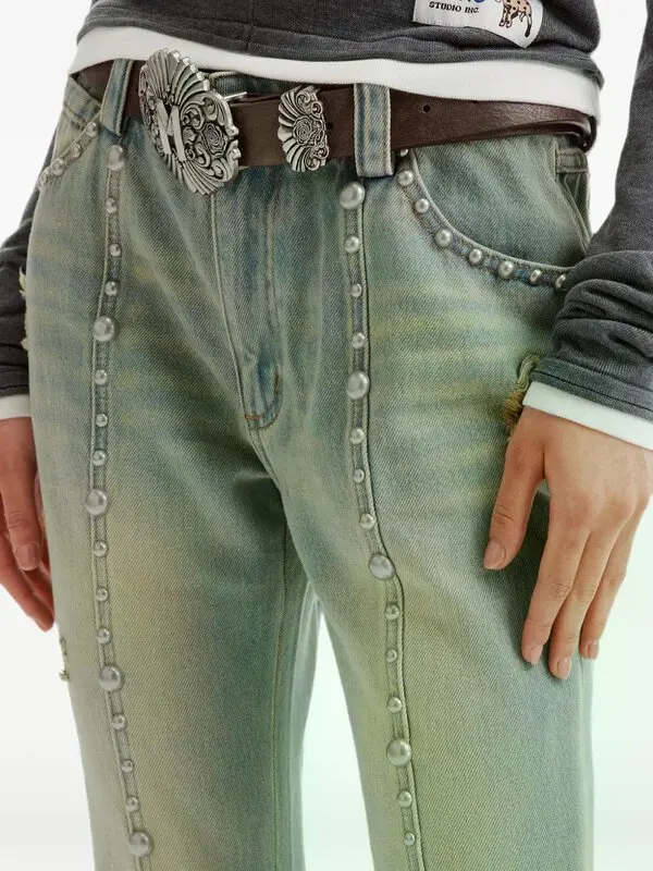 MARKGONG Stud-embellished Distressed Flared Jeans