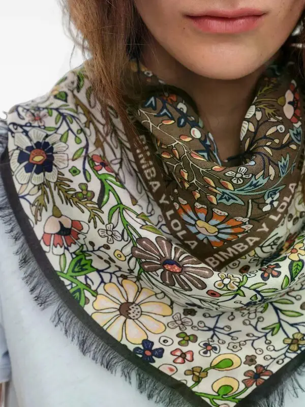 Bimba Y Lola Floral Scarf With Brown Logo Border