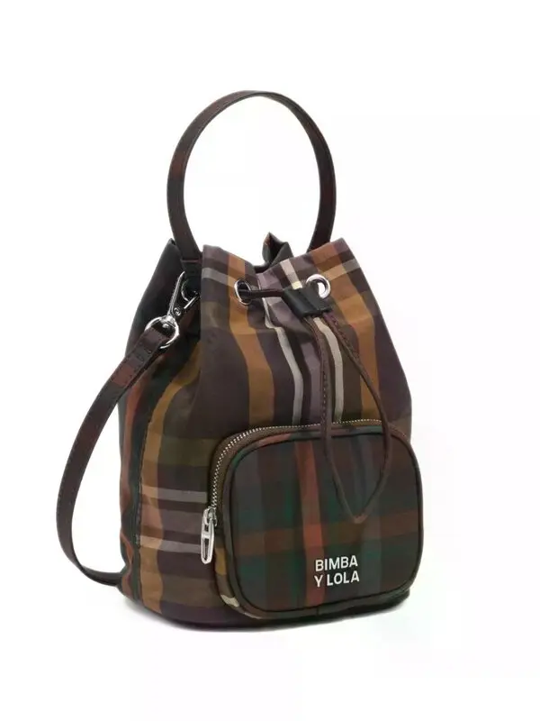 Bimba Y Lola Coated Chocolate Green Tartan Bucket Bag