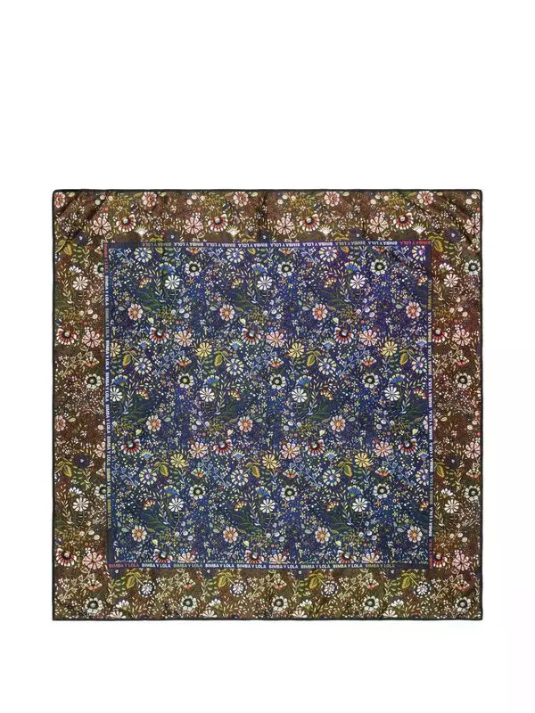 Bimba Y Lola Navy Floral Scarf With Frame And Logos - Blue