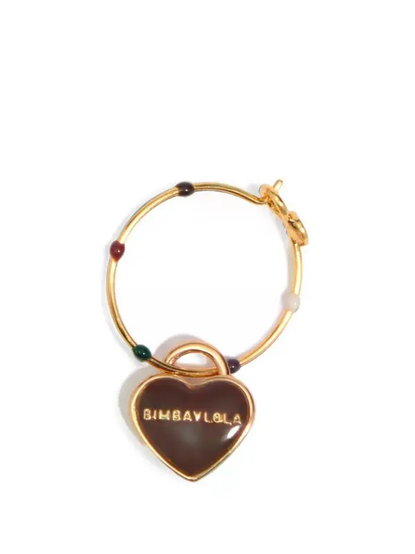 Bimba Y Lola Medium Hoop Earrings With Enamel Heart And Brown Logo
