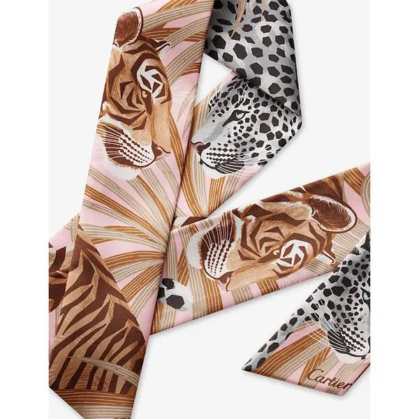 Cartier Panthère And Tiger Silk Bandeau Scarf - Pink