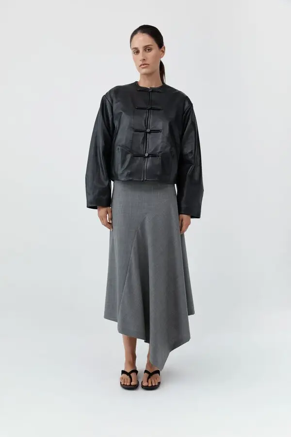 ST. AGNI Button Detail Cocoon Leather Jacket - Black
